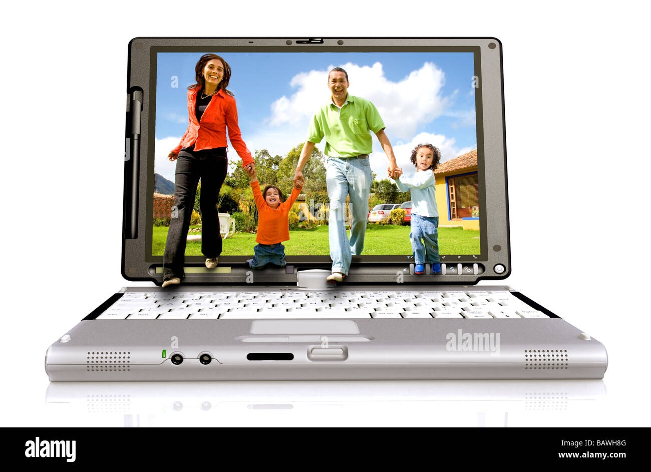 happy family coming out of laptop Stock Photo - Alamy