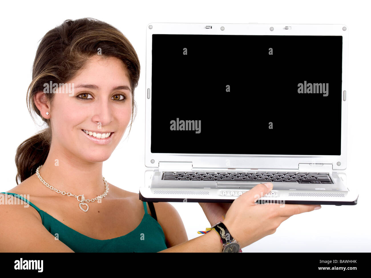 friendly girl showing her laptop screen Stock Photo - Alamy