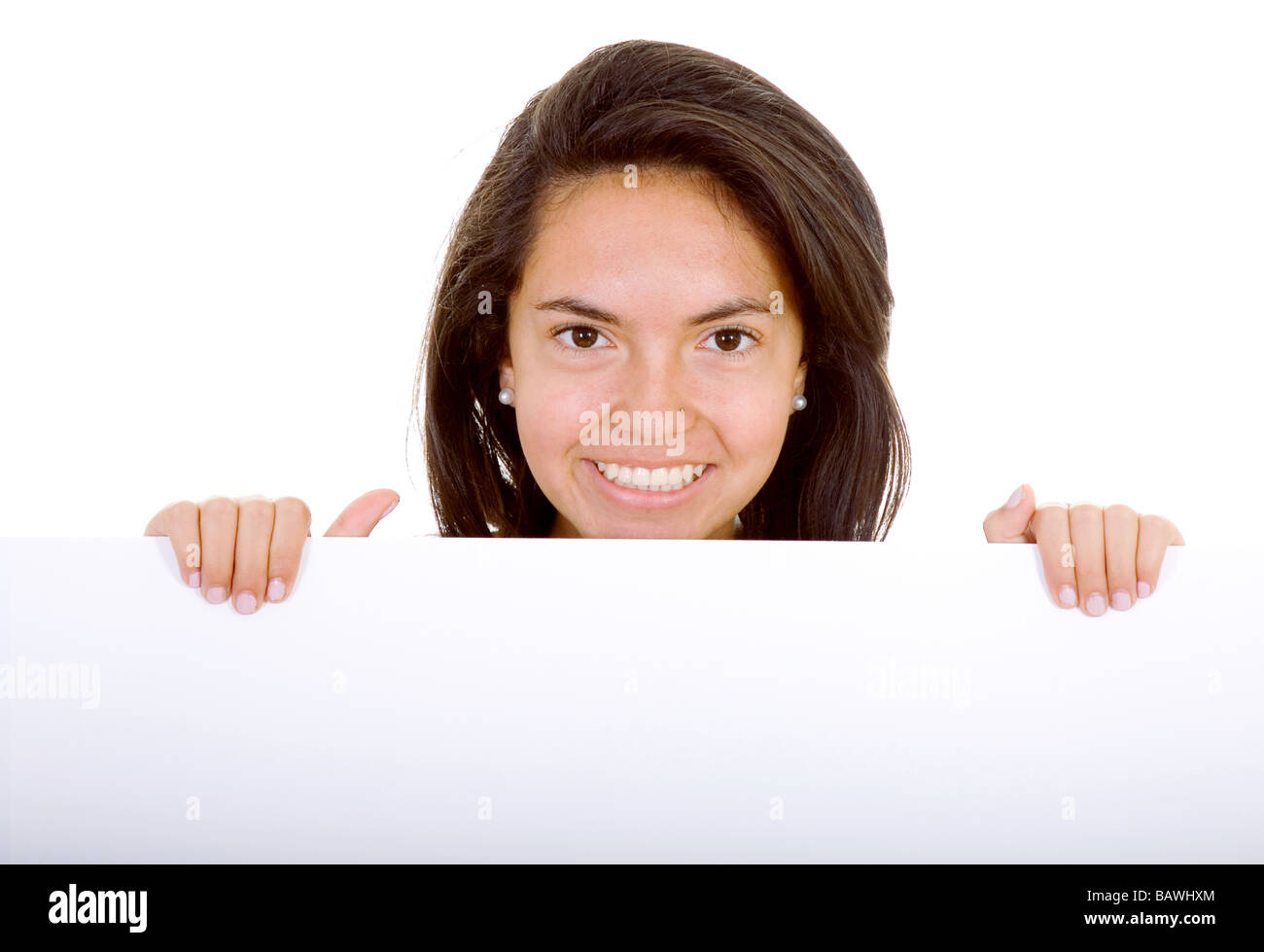 girl smiling with banner Stock Photo - Alamy
