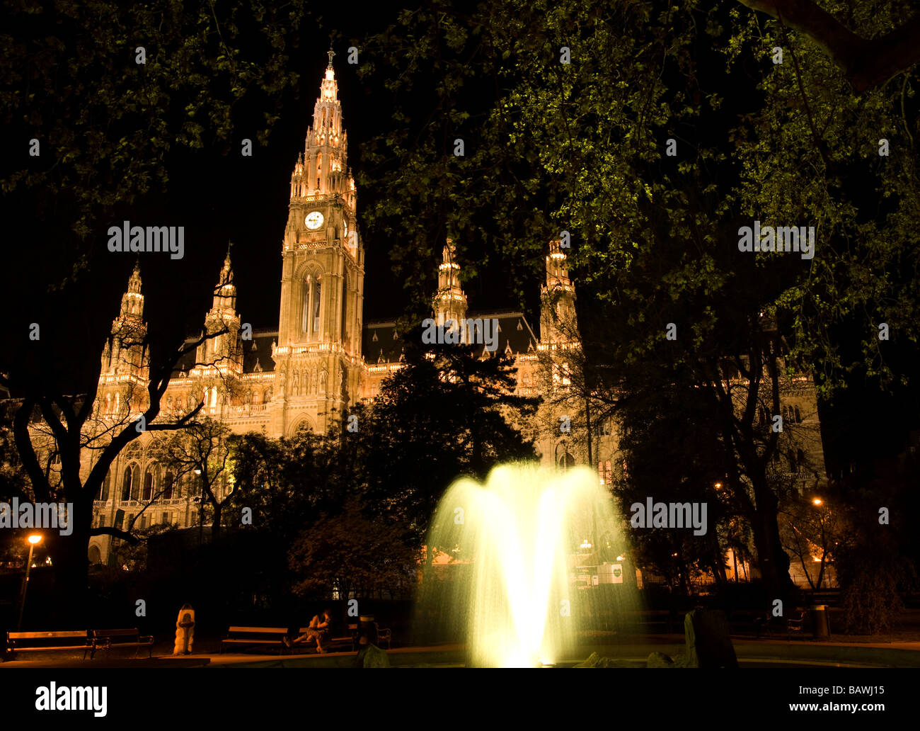 Vienna Rathaus with a fountain at night Stock Photo - Alamy