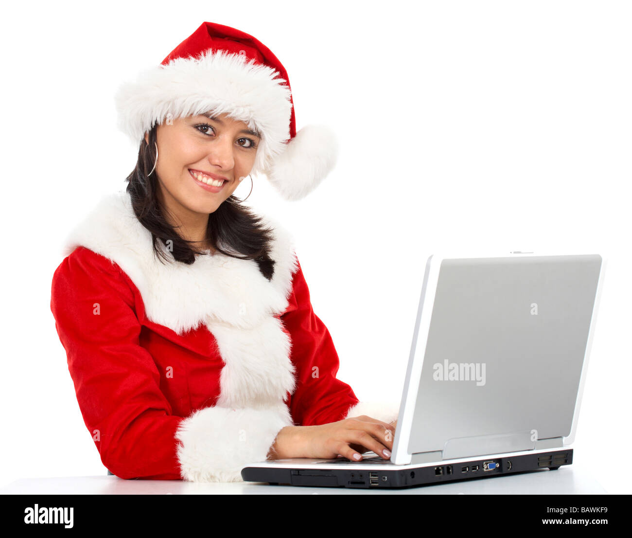 Christmas woman on a laptop Stock Photo - Alamy