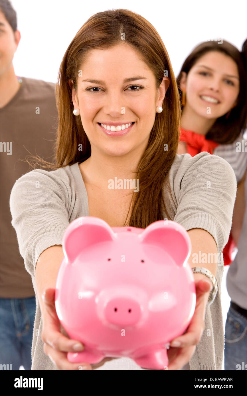 woman saving money isolated on white Stock Photo - Alamy