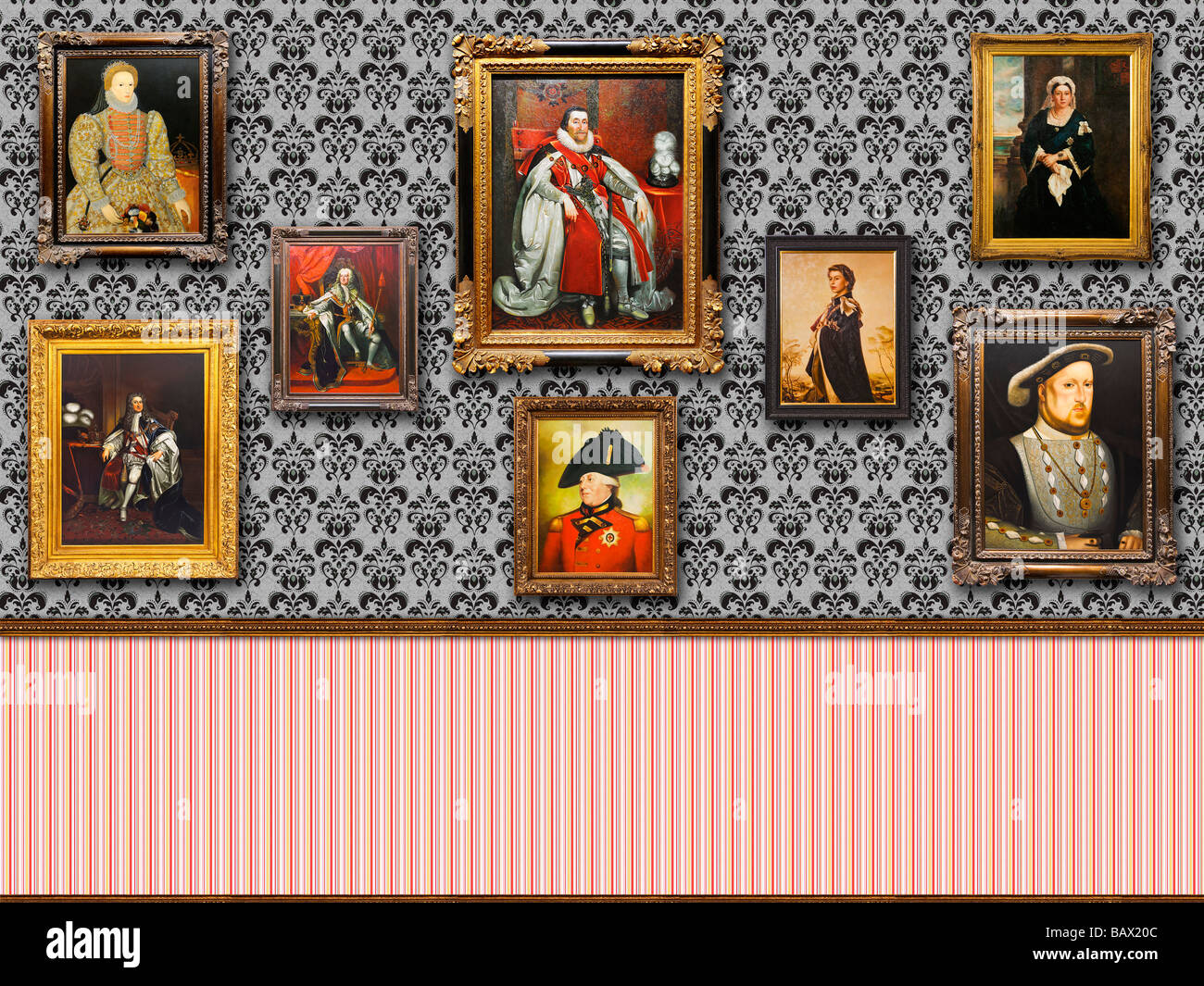 Floral wallpaper wall of British Royalty portraits in ornate frames ...