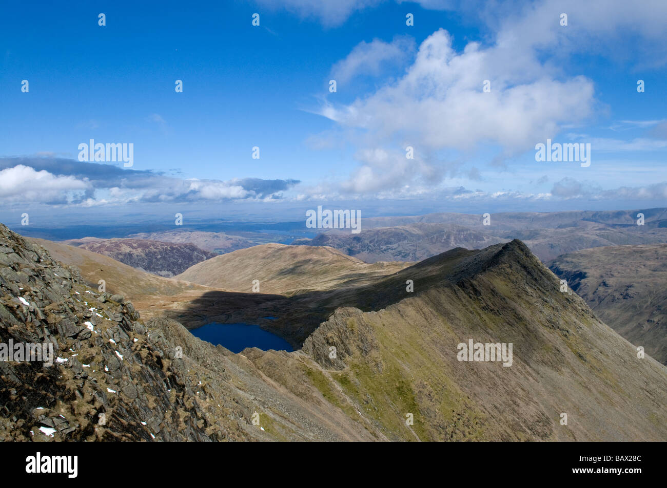 View from Helvellyn looking over Striding Edge and Red Tarn, Lake ...
