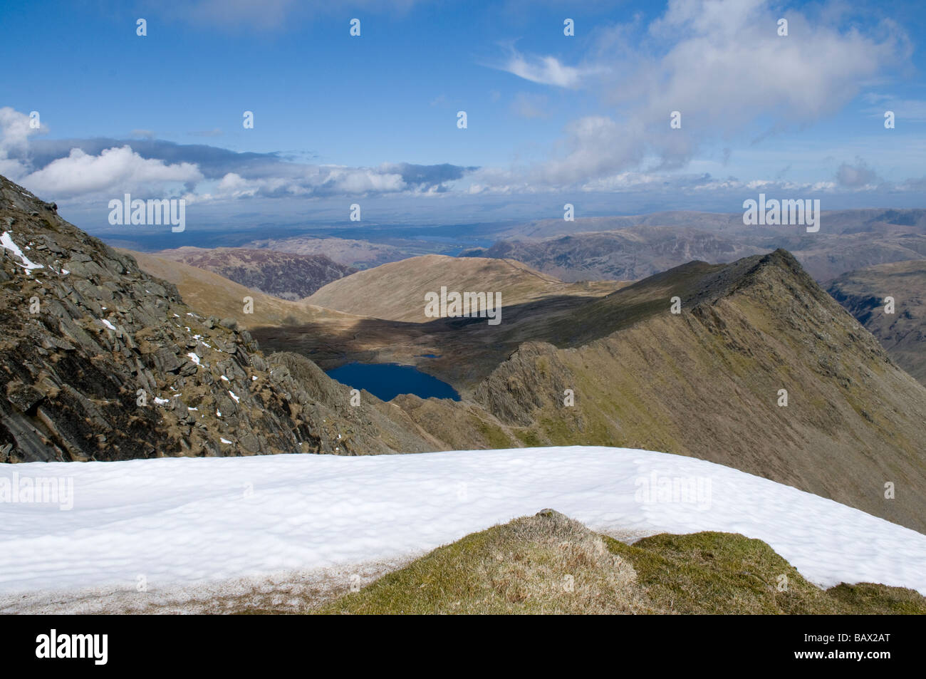 View from Helvellyn looking over Striding Edge and Red Tarn, Lake ...