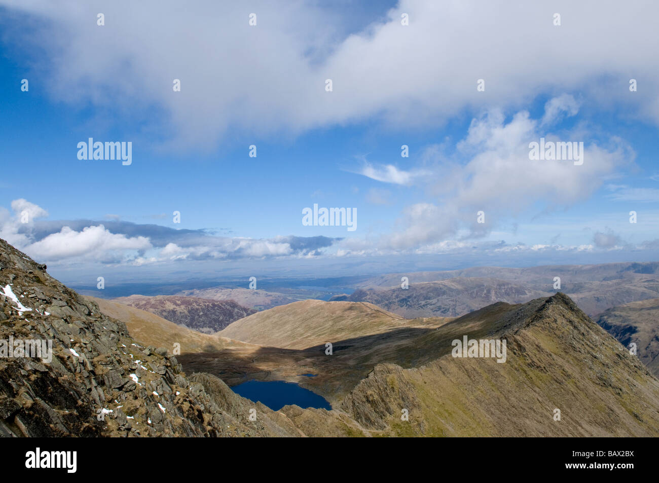 View from Helvellyn looking over Striding Edge and Red Tarn, Lake ...