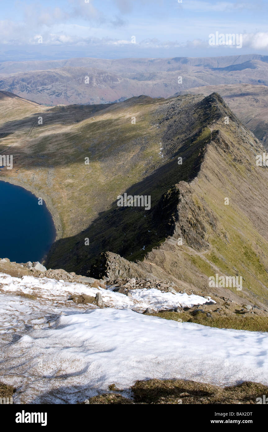 View from Helvellyn looking over Striding Edge and Red Tarn, Lake ...
