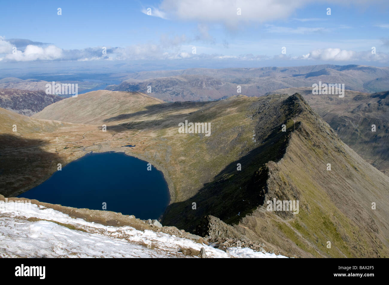 View from Helvellyn looking over Striding Edge and Red Tarn, Lake ...