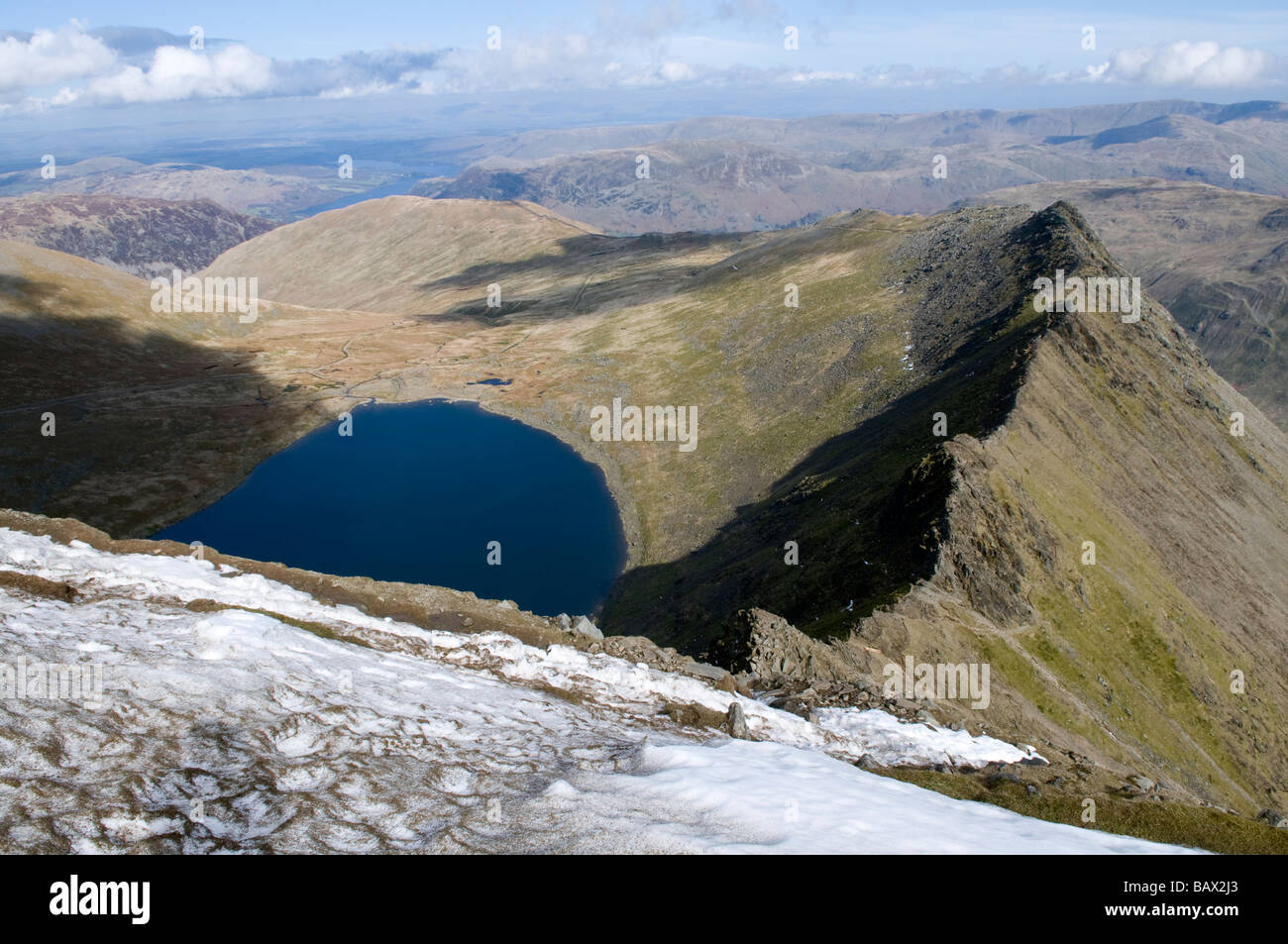 View from Helvellyn looking over Striding Edge and Red Tarn, Lake ...