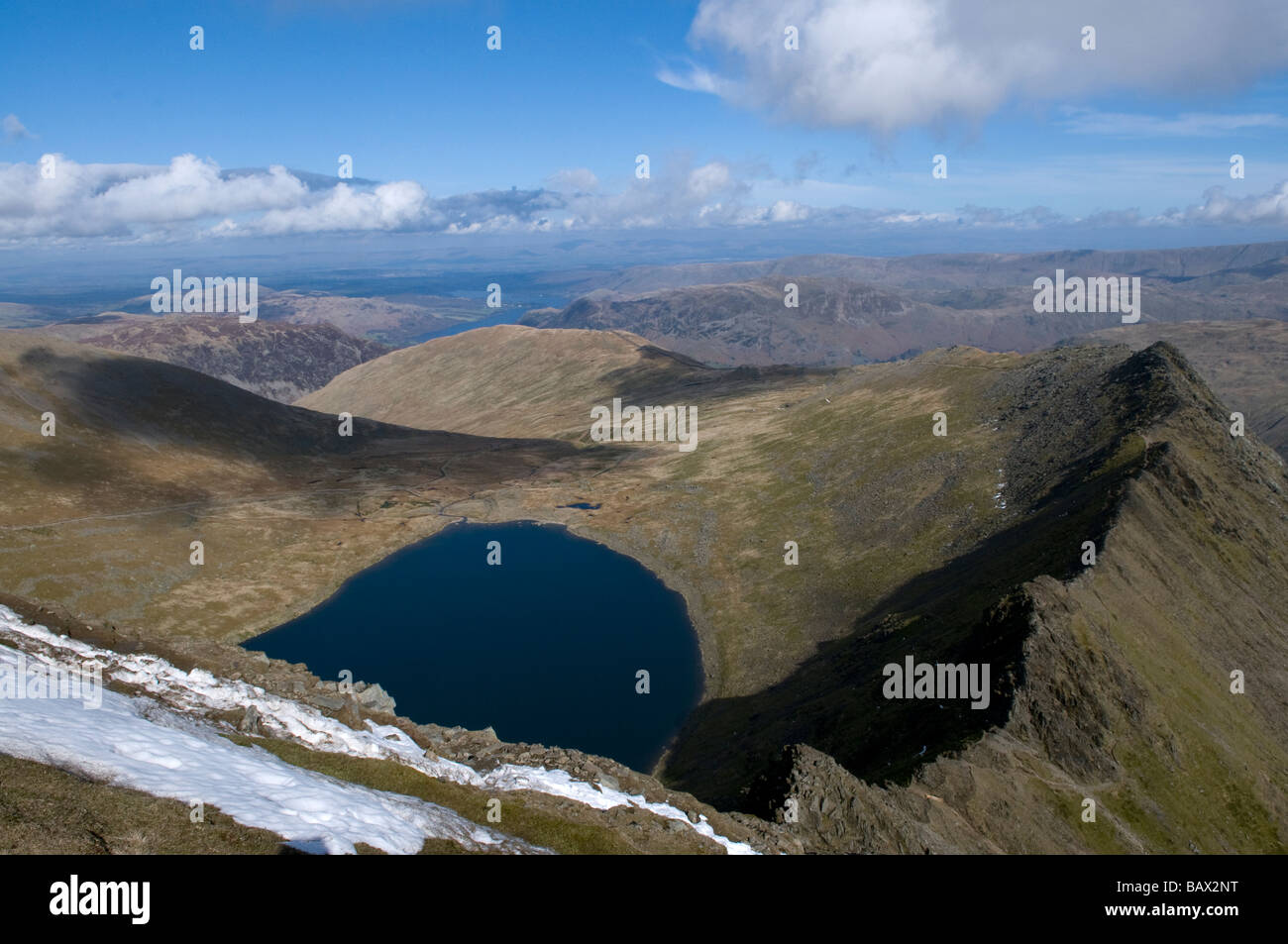 View from Helvellyn looking over Striding Edge and Red Tarn, Lake ...