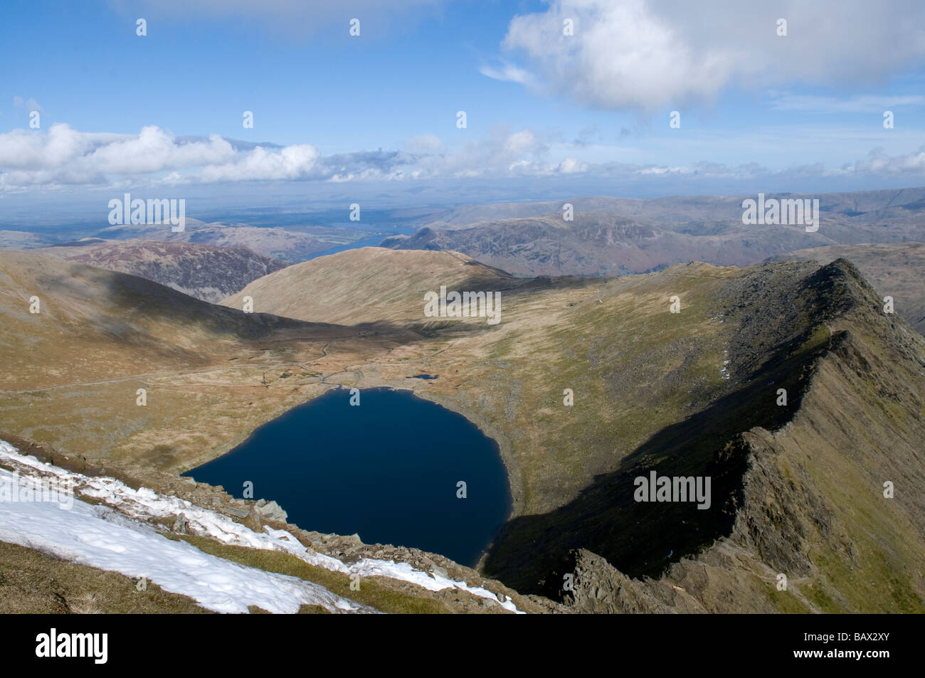 View from Helvellyn looking over Striding Edge and Red Tarn, Lake ...