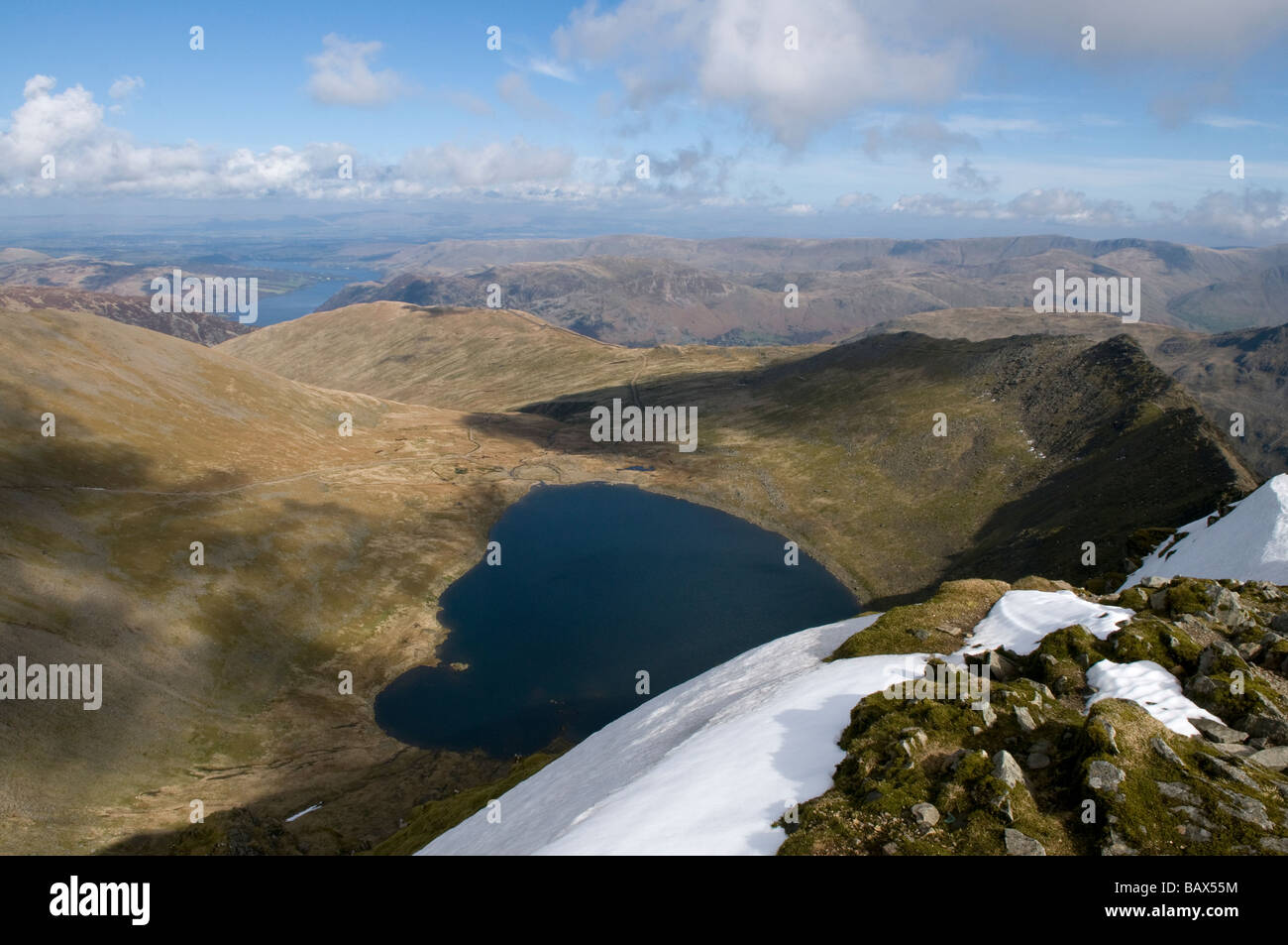 View from Helvellyn looking over Striding Edge and Red Tarn, Lake ...