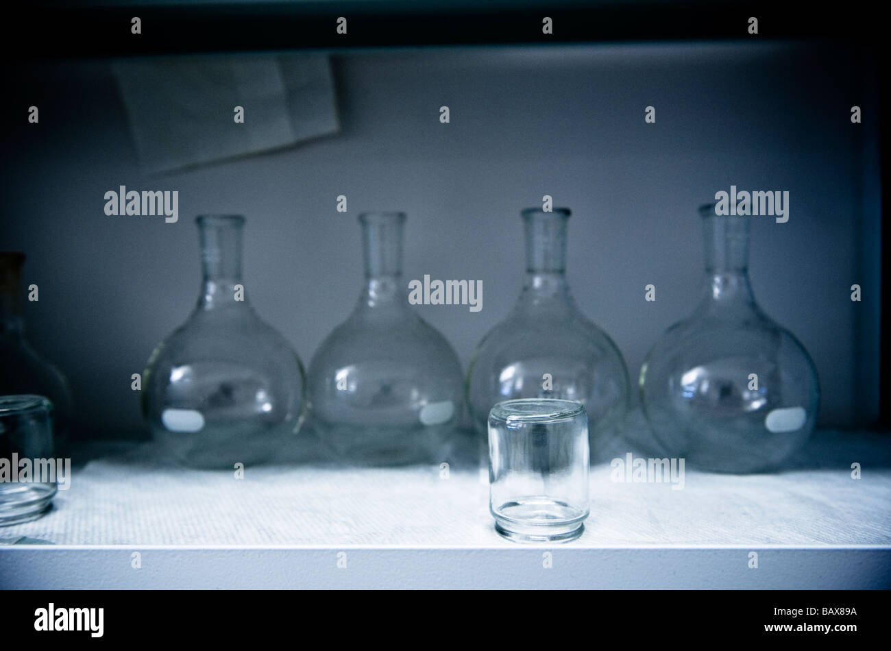 Science laboratory bottles and beakers Stock Photo - Alamy