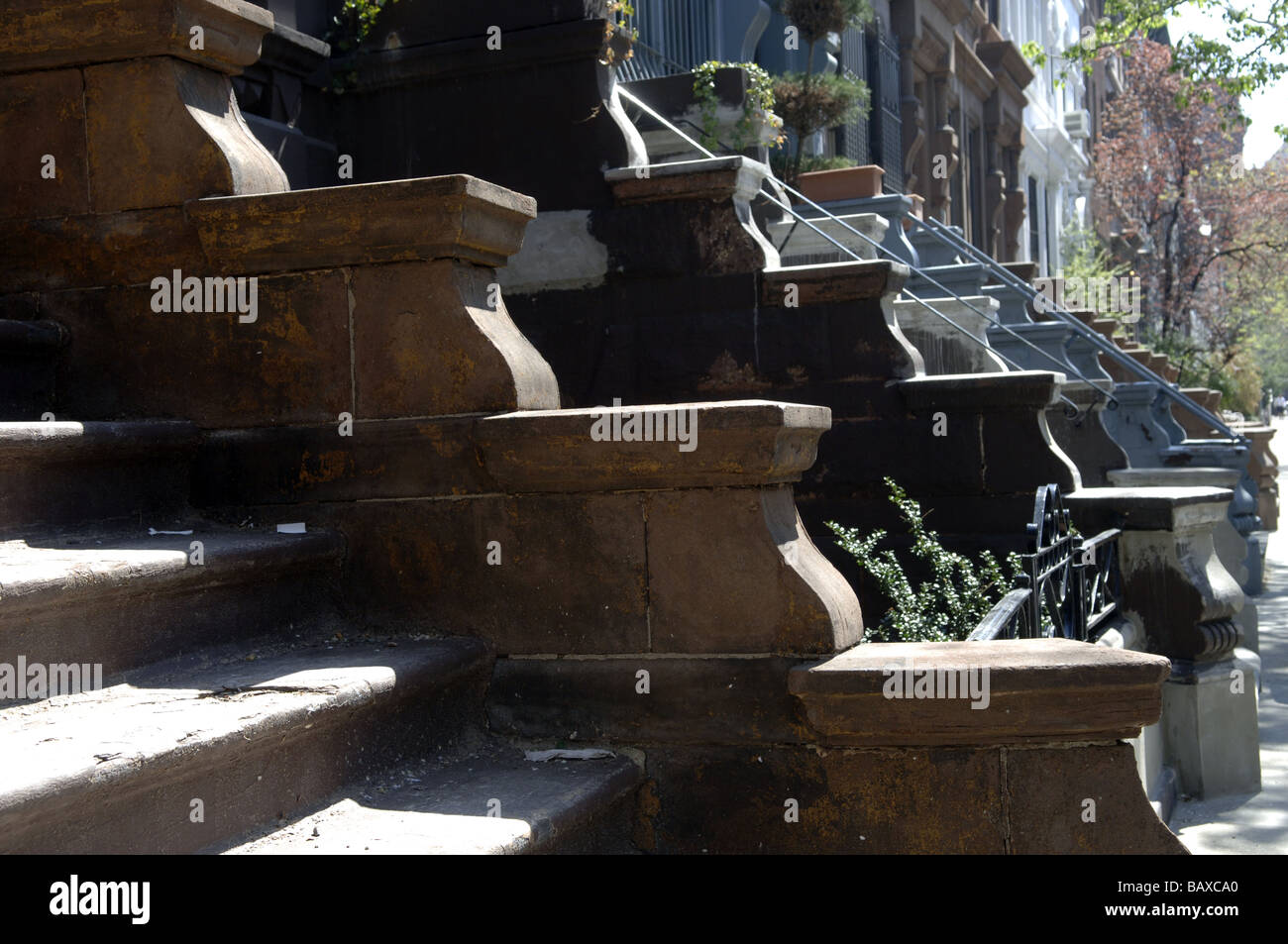 Stoops on brownstones in the Upper West Side neighborhood of New York ...