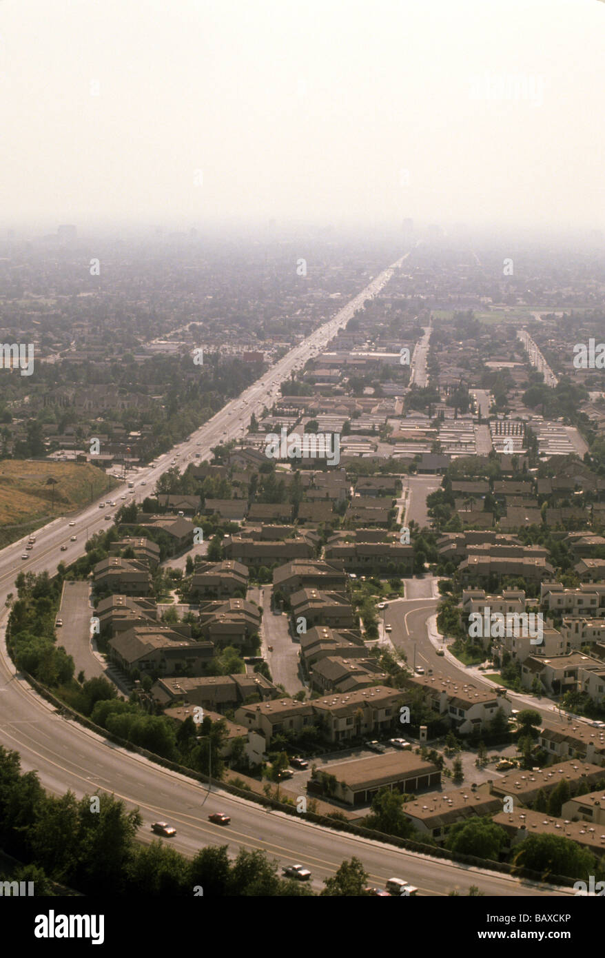 Smog Orange County California USA aerial view city skyline street road ...