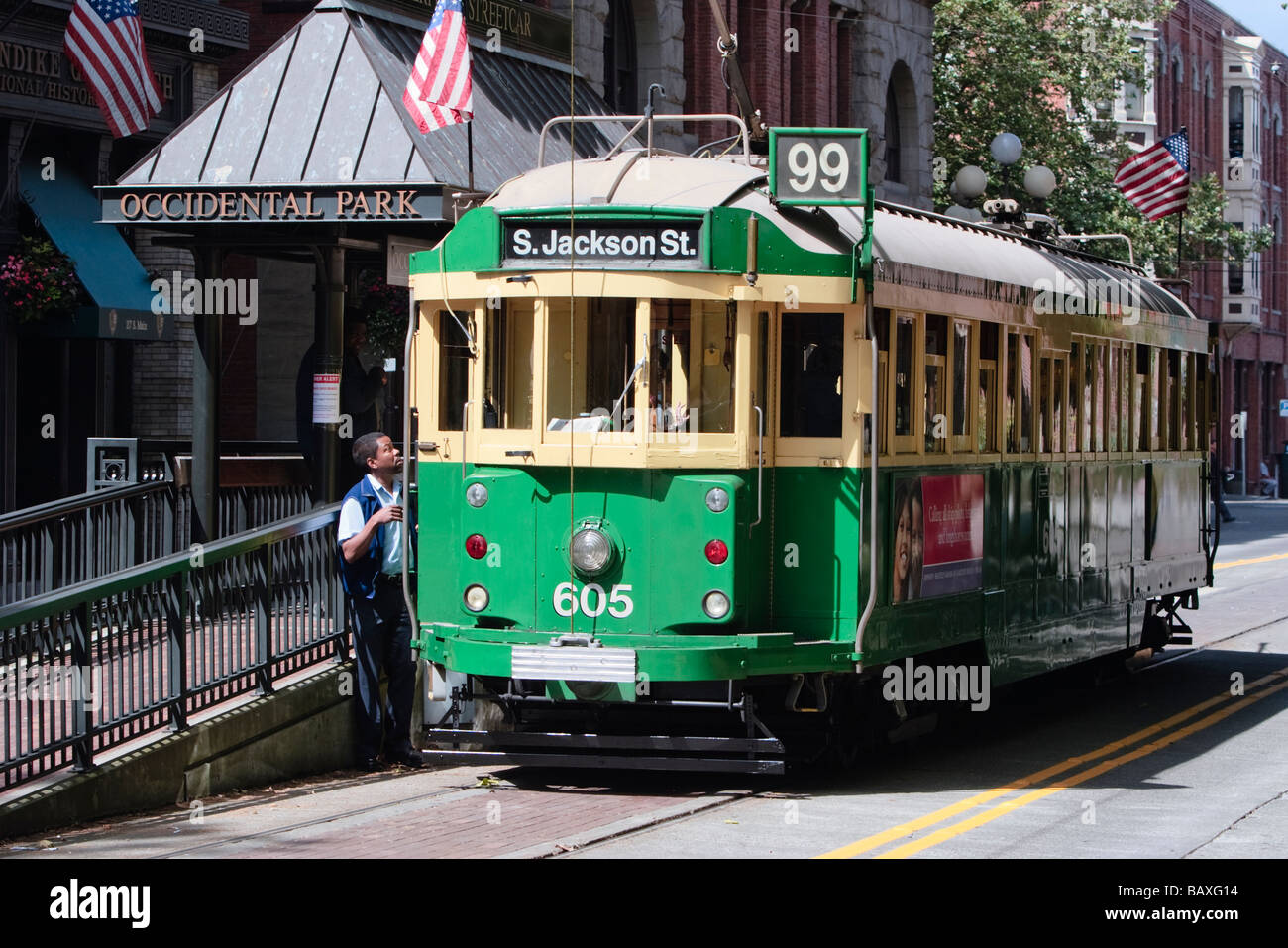 The Seattle Waterfront Streetcar at Occidental Park in Pioneer Square ...