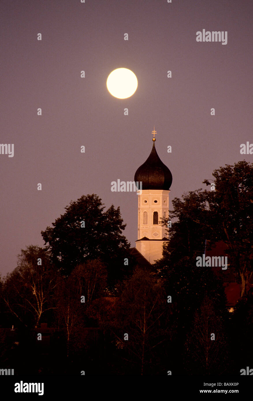 Full moon over Iffeldorf church, Upper Bavaria, Bavaria, Germany Stock ...