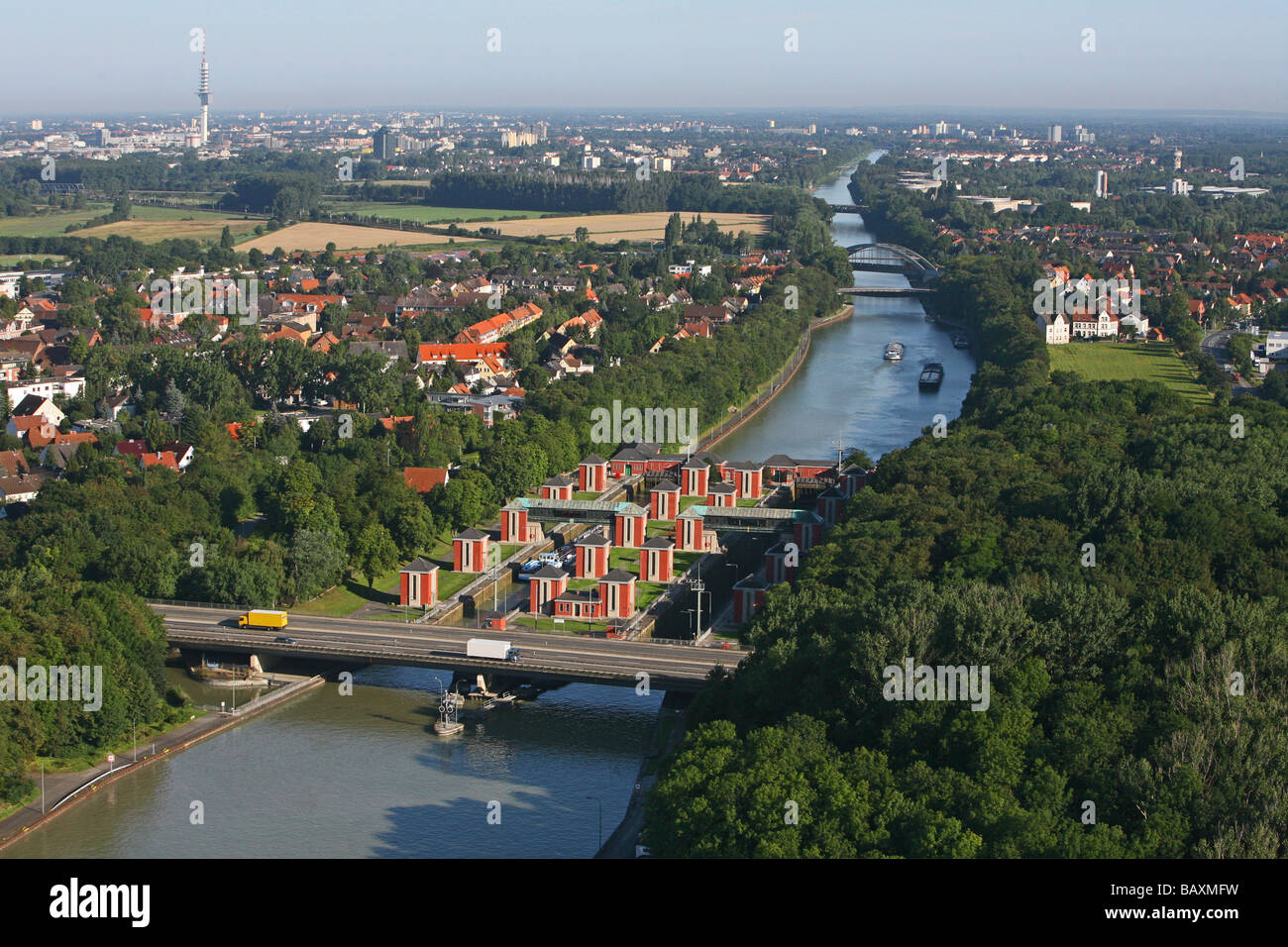 aerial view of the Hindenburg locks on the Mittelland Canal Midland ...