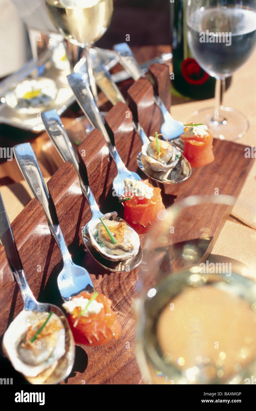 Fancy foods on spoon in Restaurant Grayz, Manhattan, New York, USA ...