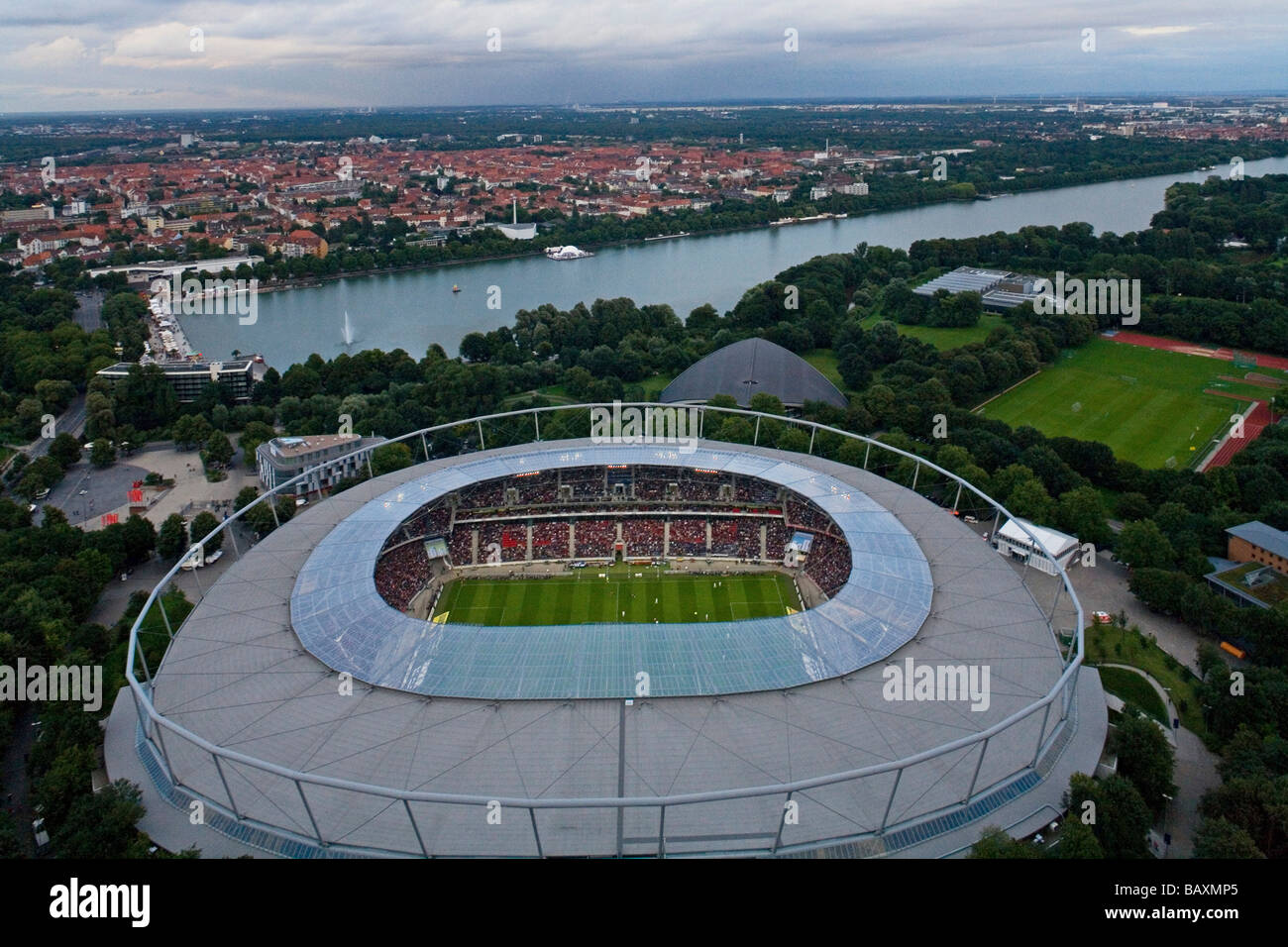 aerial panorama of Hanover and the AWD Arena next to Maschsee Lake ...