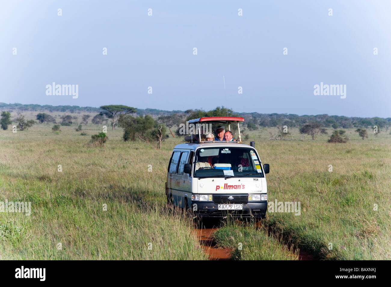 Safari bus on the way in Taita Hills Game Reserve, Coast, Kenya Stock ...