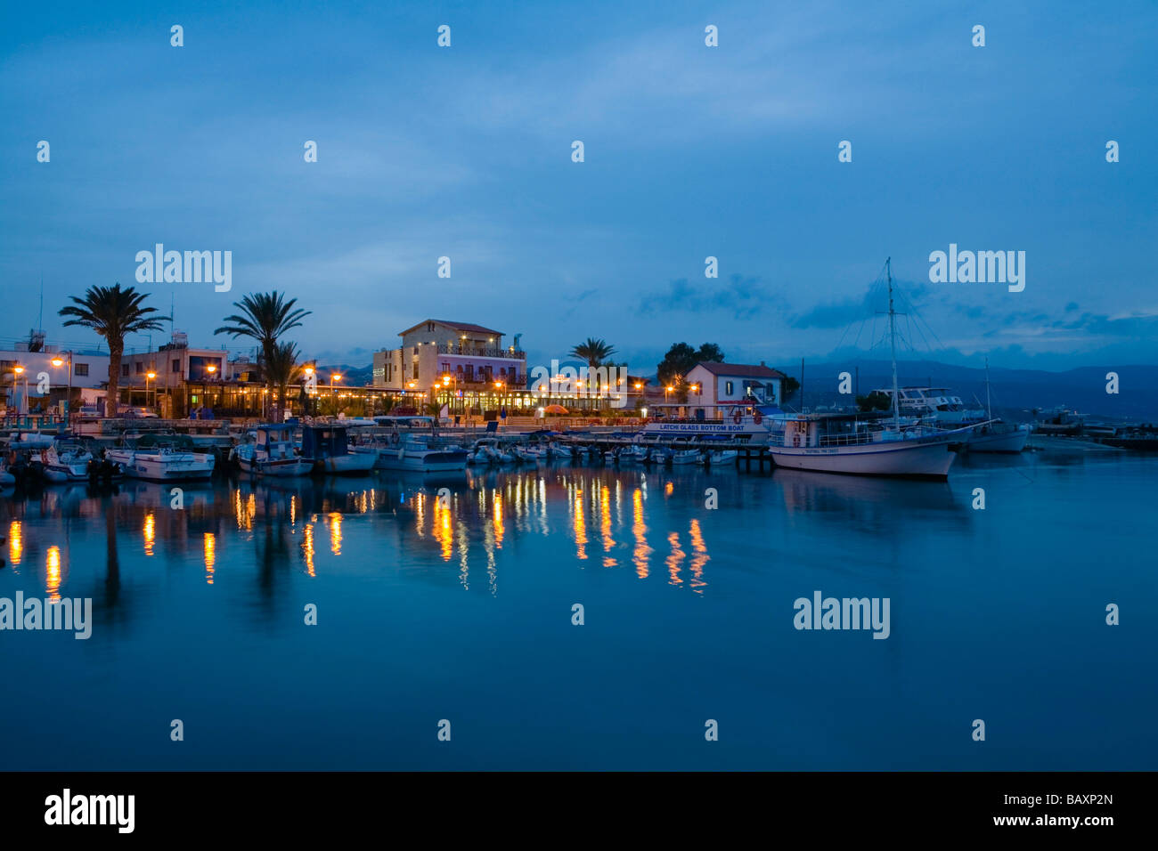 Latsi harbour at night with boats, Latsi, near Polis, South Cyprus ...