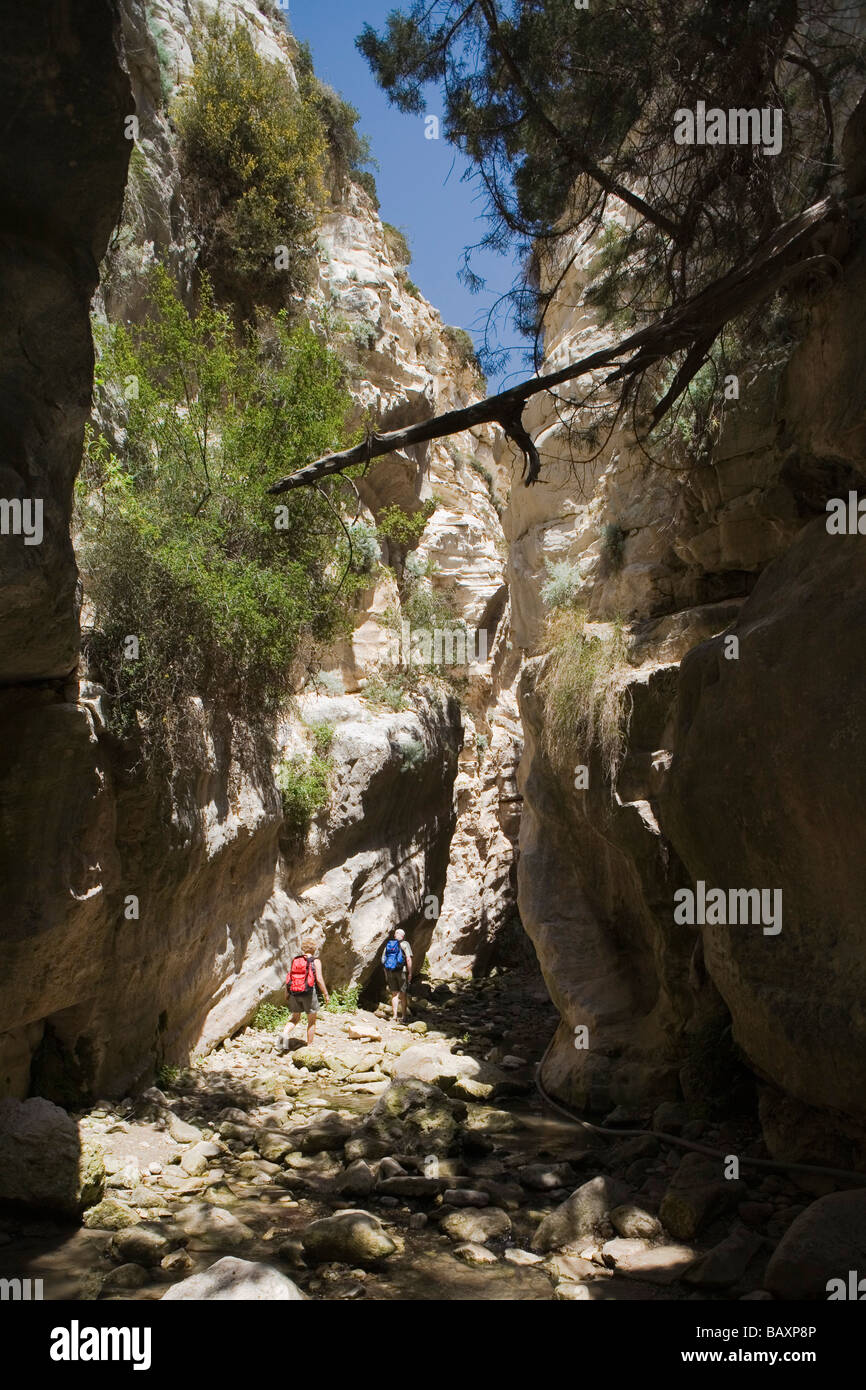 Two people hiking through Avakas Gorge, Akamas Nature Reserve Park ...