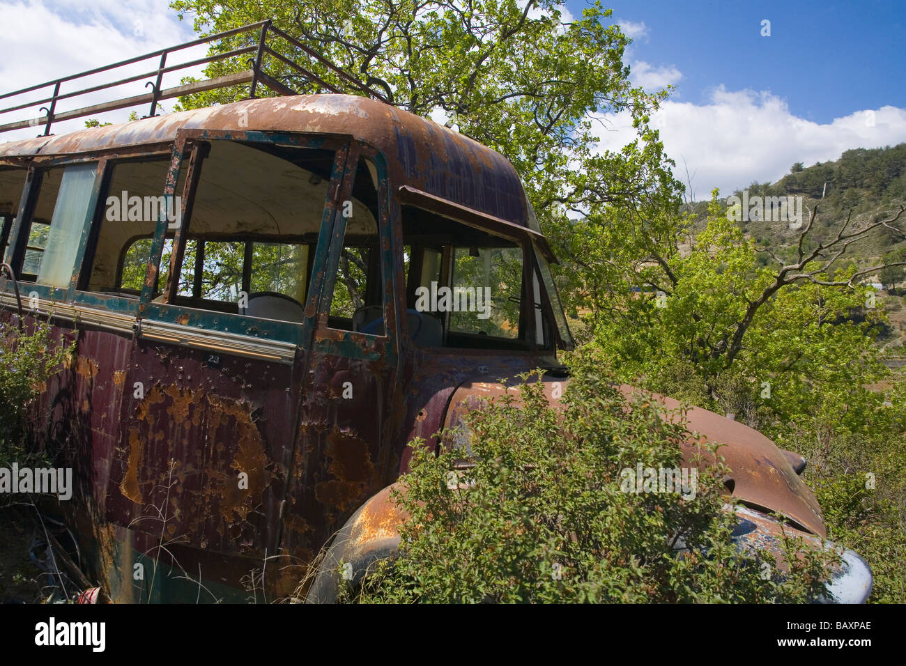 Wreck of a bus, derelict bus, Potamitissa, Pitsilia region, Troodos ...
