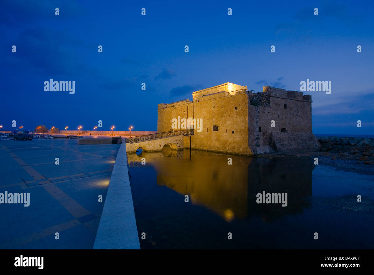 Paphos Castle at night, Paphos harbour, Reflection in the water, Paphos ...