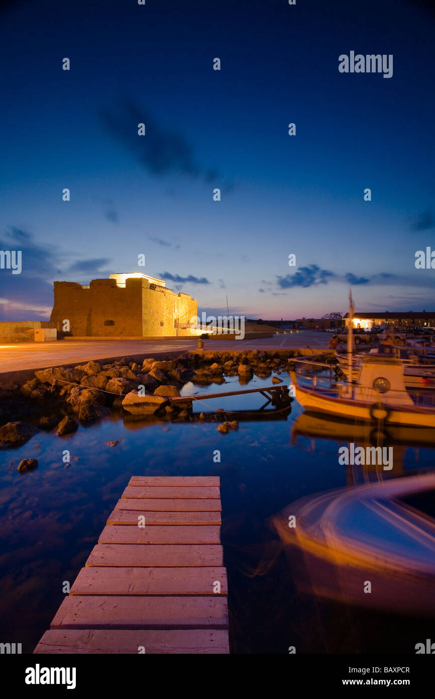 Paphos Castle at night with fishing boats, Paphos harbour, Paphos ...