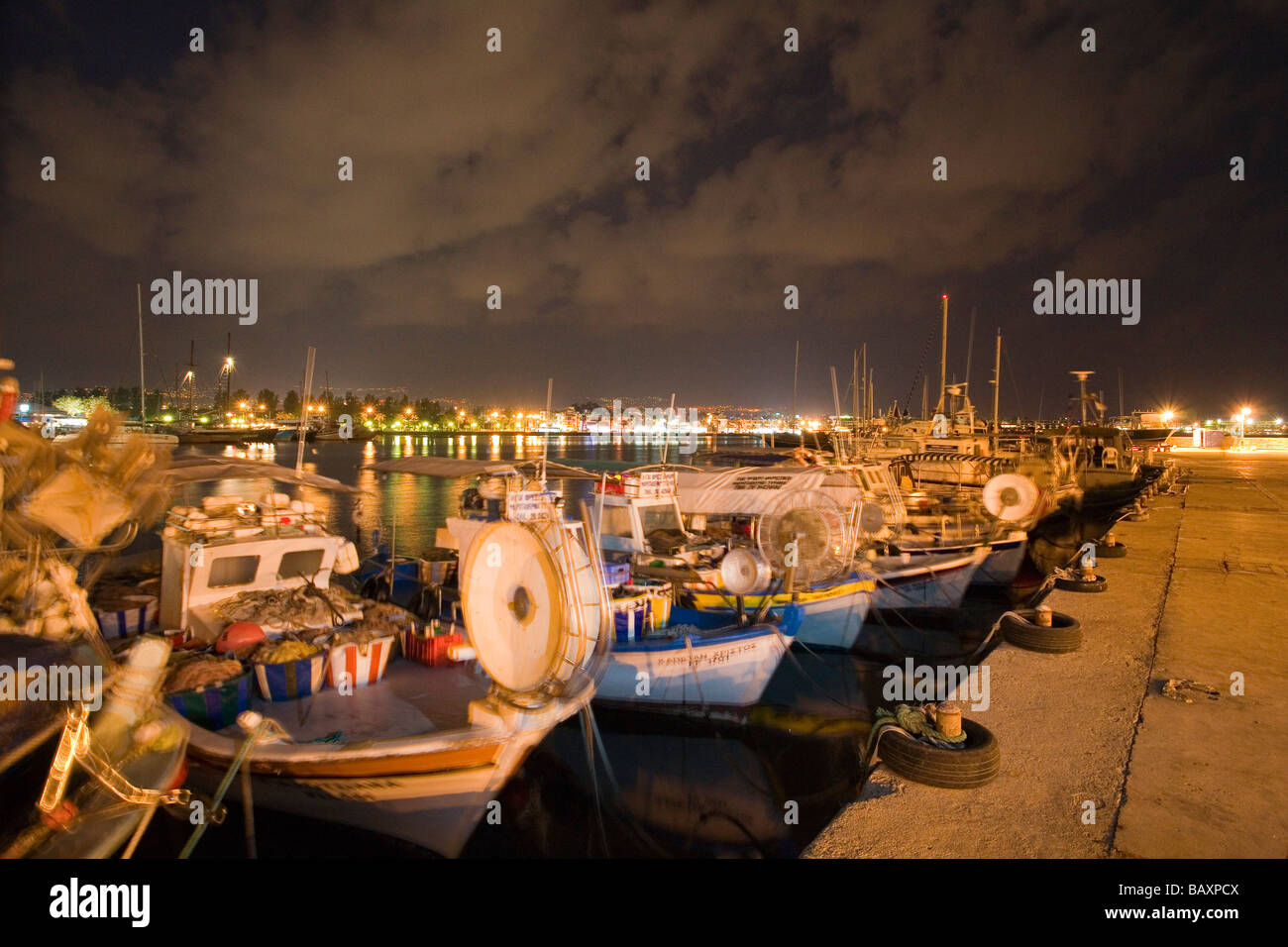 Fishing boats at night in the fishing port, Harbour, Paphos, South ...