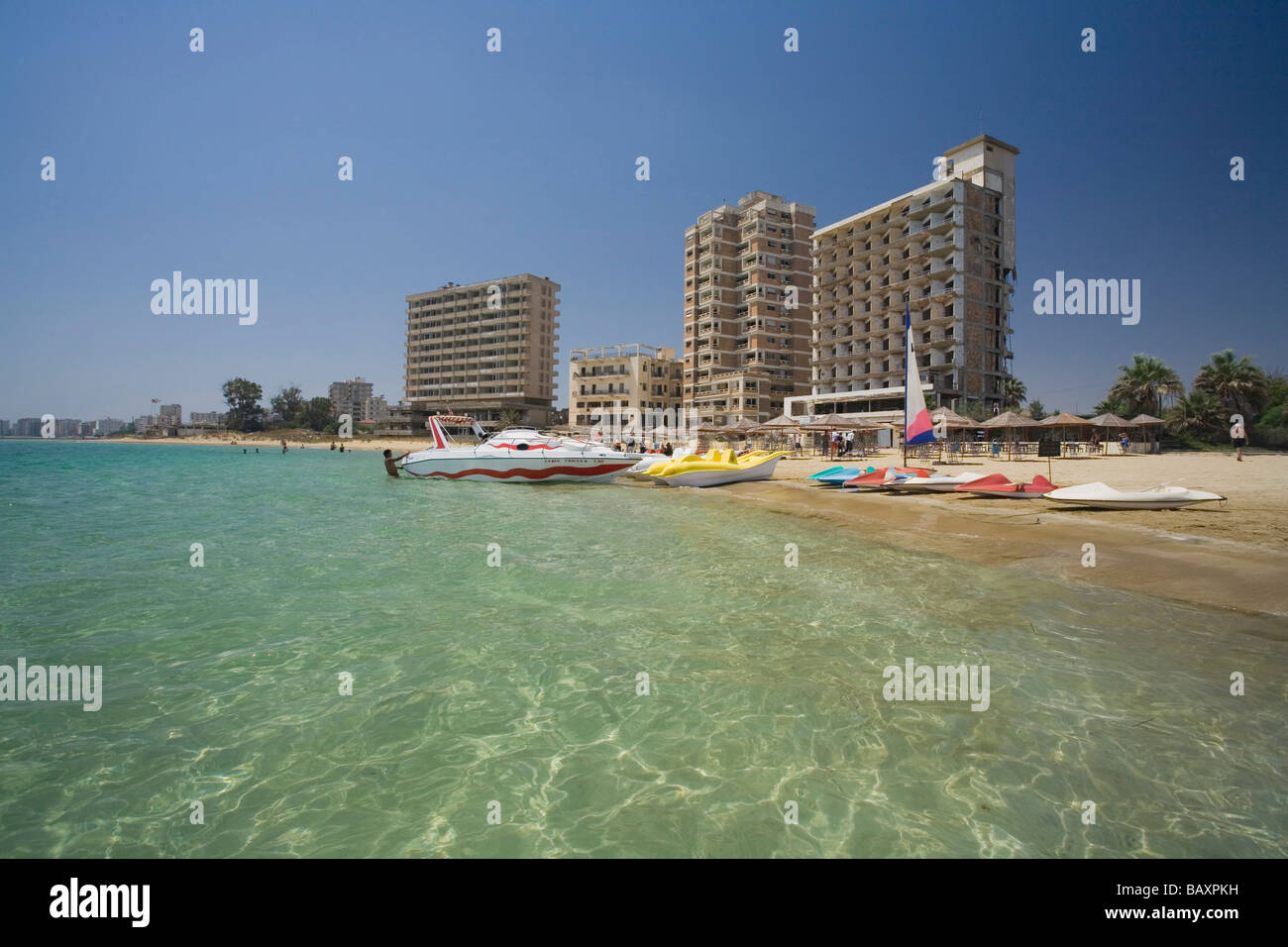 Varosha Beach with ruins of abandoned hotels, Ghost Town, Famagusta ...