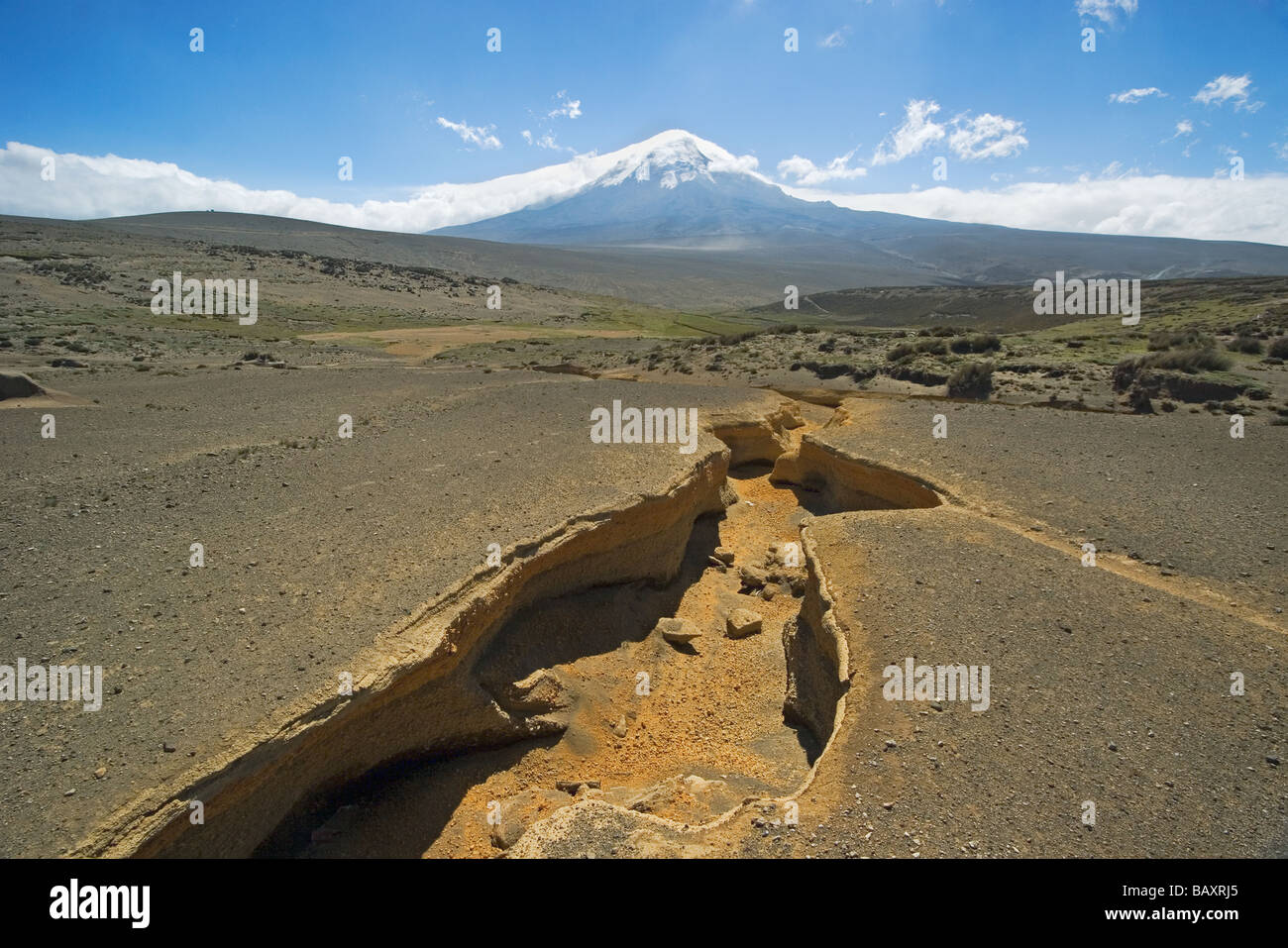 Gully eroded in volcanic strata on W side of 6310m Volcan Chimborazo ...
