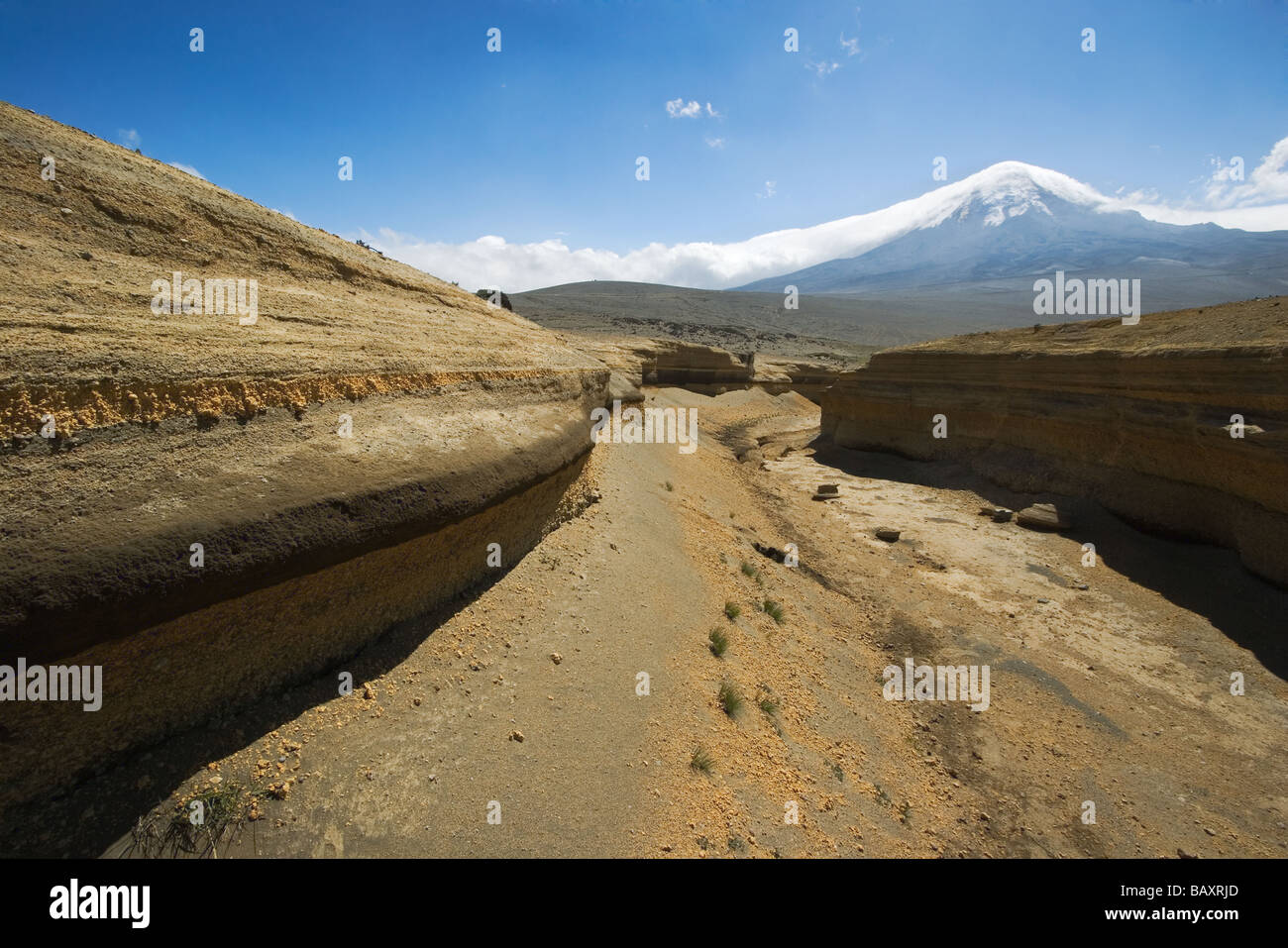 Volcanic ash strata in gully on west side of 6310m Volcan Chimborazo ...