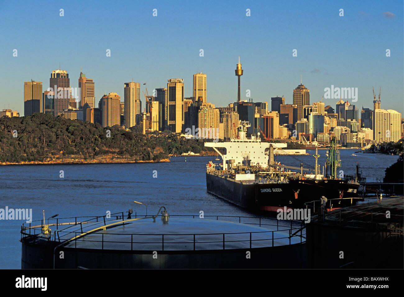 Sydney CDB skyline with oil tanker at the Shell oil terminal at Gore ...