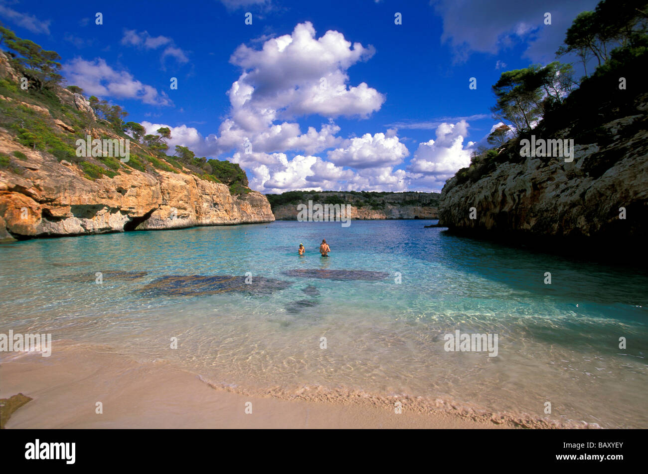 People bathing in a small bay, Cala s'Amonia, Majorca, Spain Stock ...