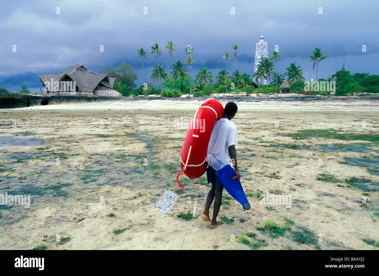 Man with flippers, Nature Reserve, Chumbe Island, Zanzibar, Tanzania ...