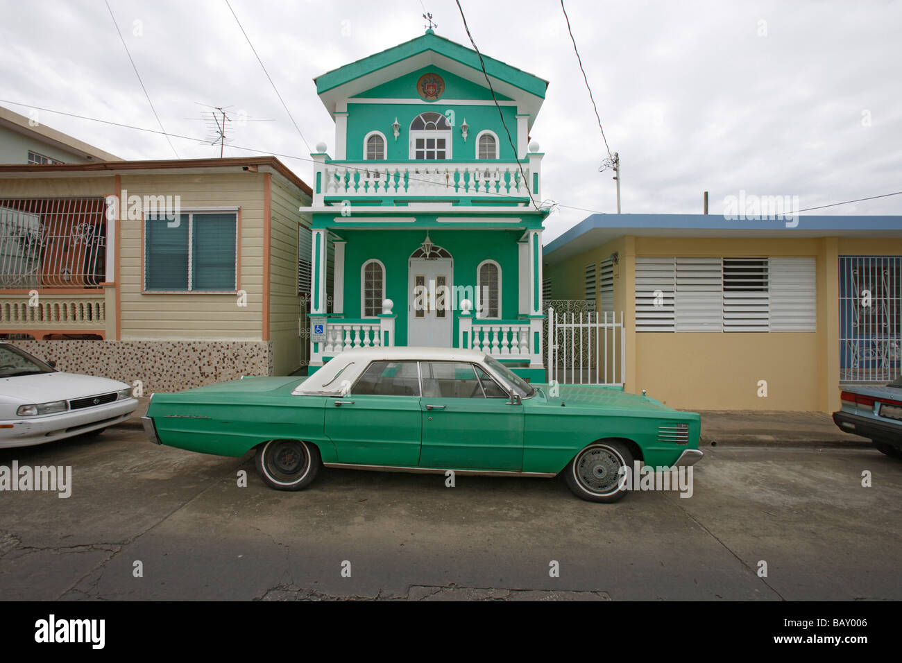 green house and greeen classic car, San German, Puerto Rico Stock Photo ...
