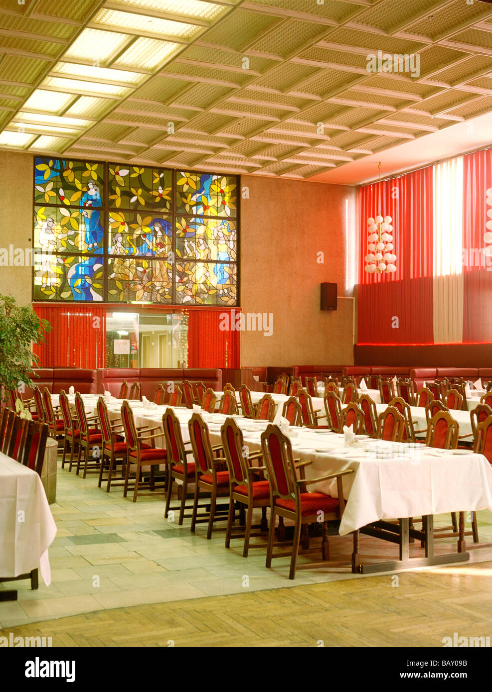 Interior view of the deserted dining hall of the hotel Sputnik, Moscow ...