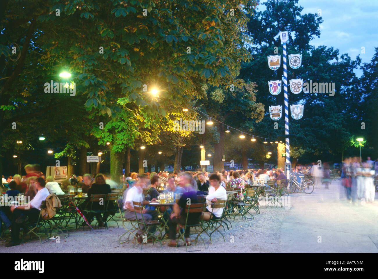 Fully occupied beer garden at Hirschgarten, Munich, Bavaria, Germany ...