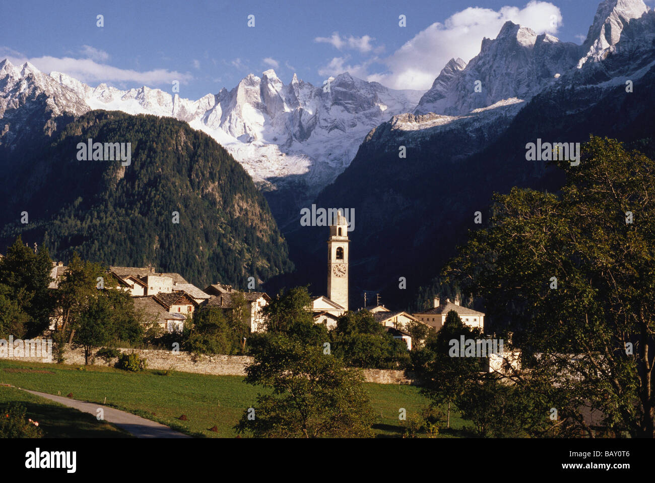 Soglio mountain village in front of snow covered Sciora peaks ...