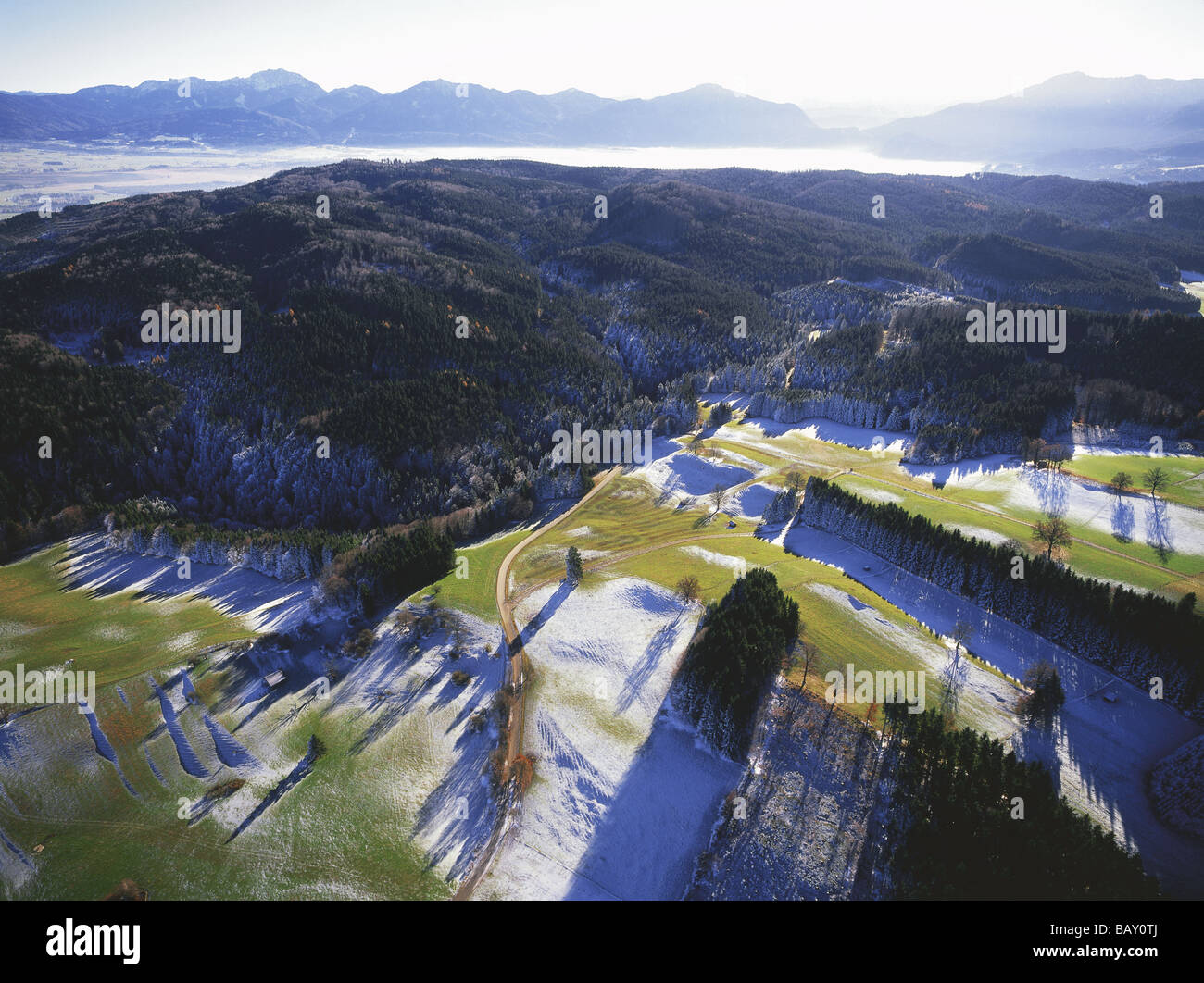 Aerial view of rolling landscape, alpine upland, Upper Bavaria, Germany ...