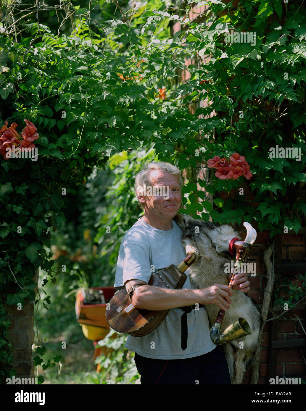 Gerhard Paucker, playing KOZOL bagpipe (made from a male goat), wendish ...
