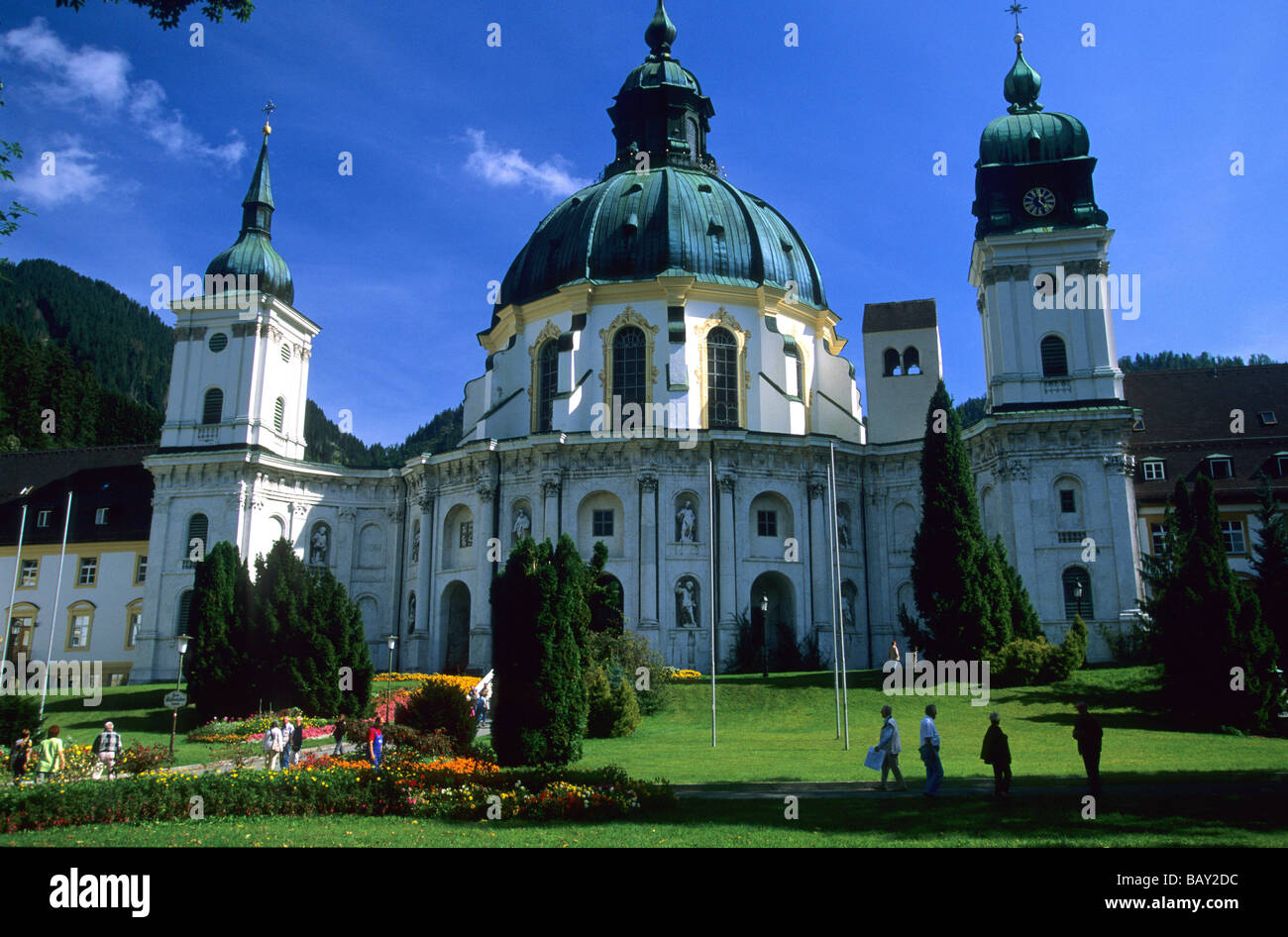 The Ettal Monastery under a bright blue sky, Bavaria, Germany Stock ...