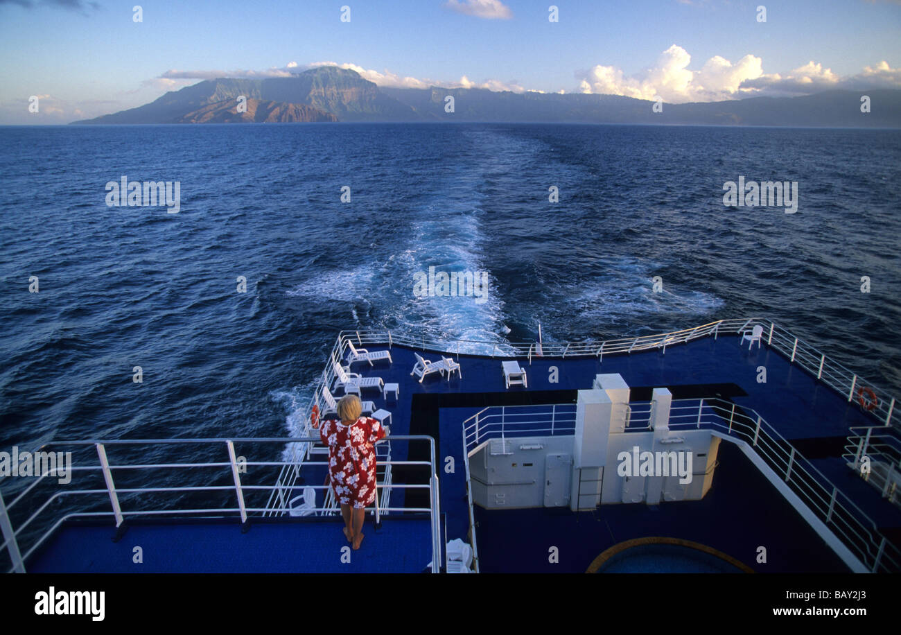 The ship Aranui III on its way, with the island of Hiva Oa in the ...