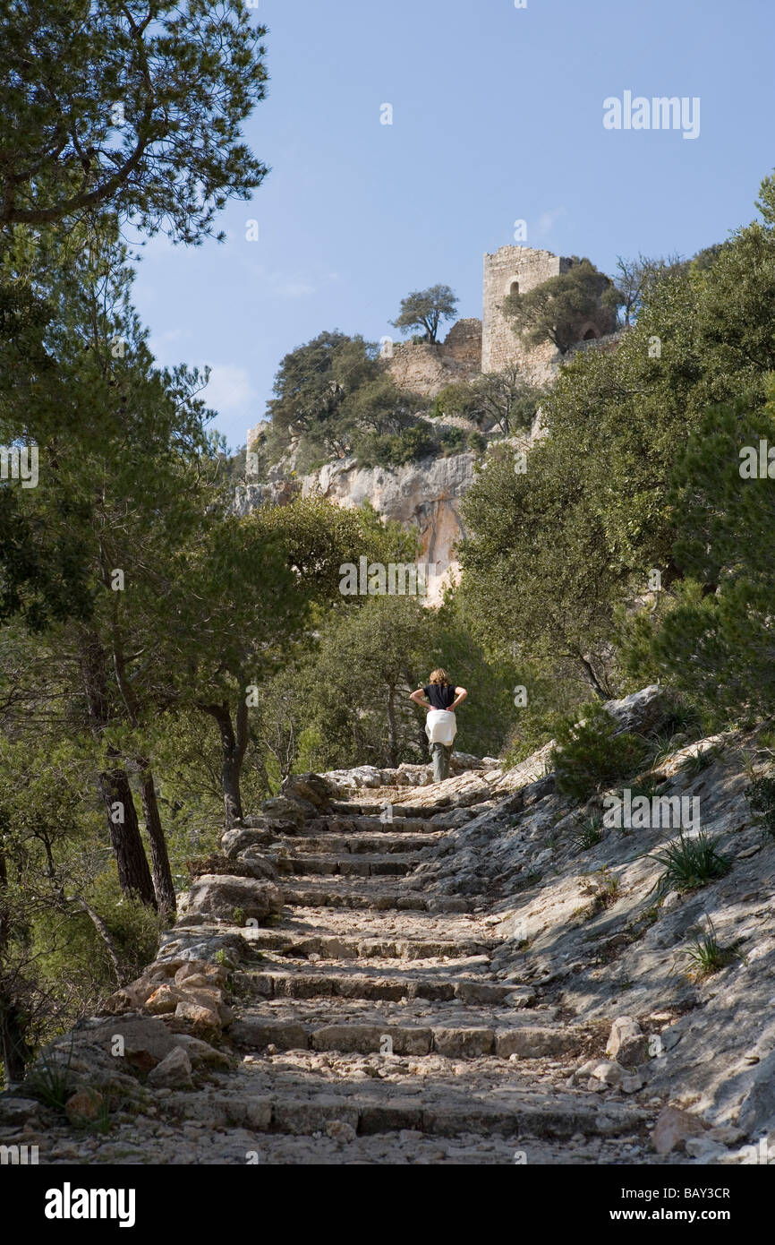 Hiker on Path to Castell d'Alaro Castle, Alaro, Mallorca, Balearic ...