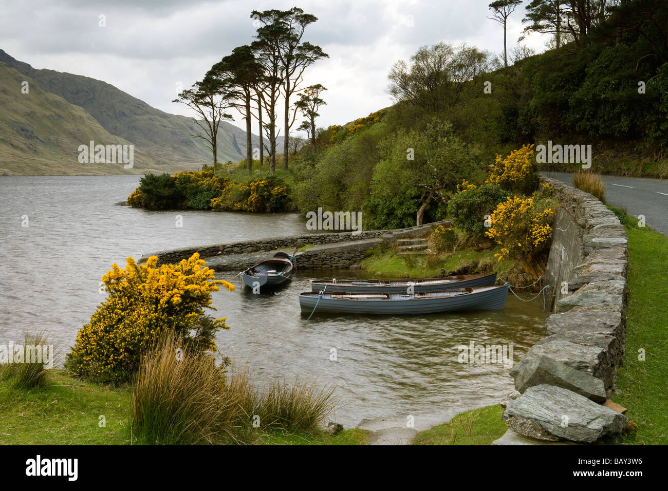 Lake with boats, Doo Lough, Connemara, County Mayo, Ireland, Europe ...