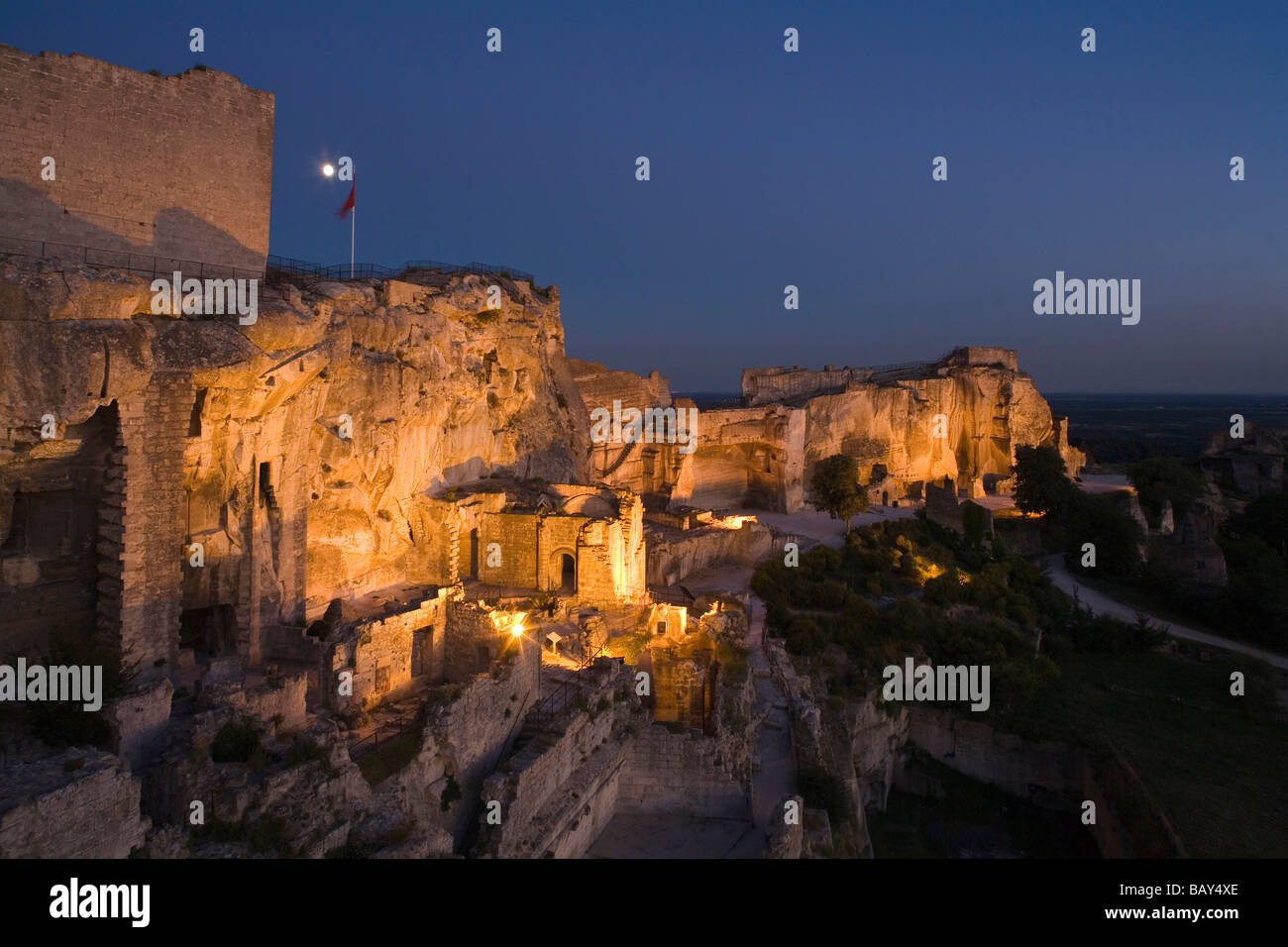 The illuminated rock fortress at night, Les-Baux-de-Provence, Vaucluse ...