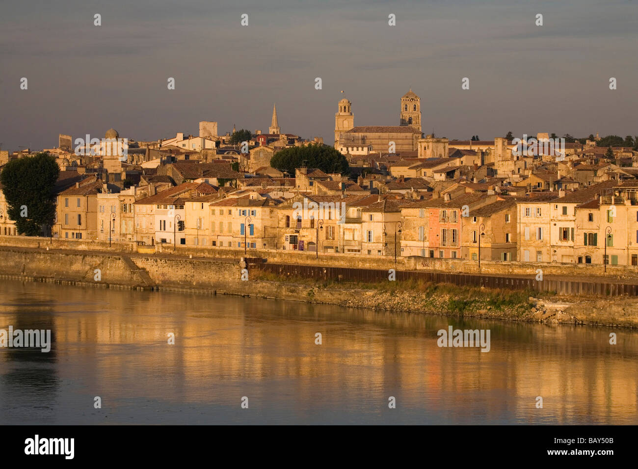 View at the town Arles at the river Rhone, Bouches-du-Rhone, Provence ...