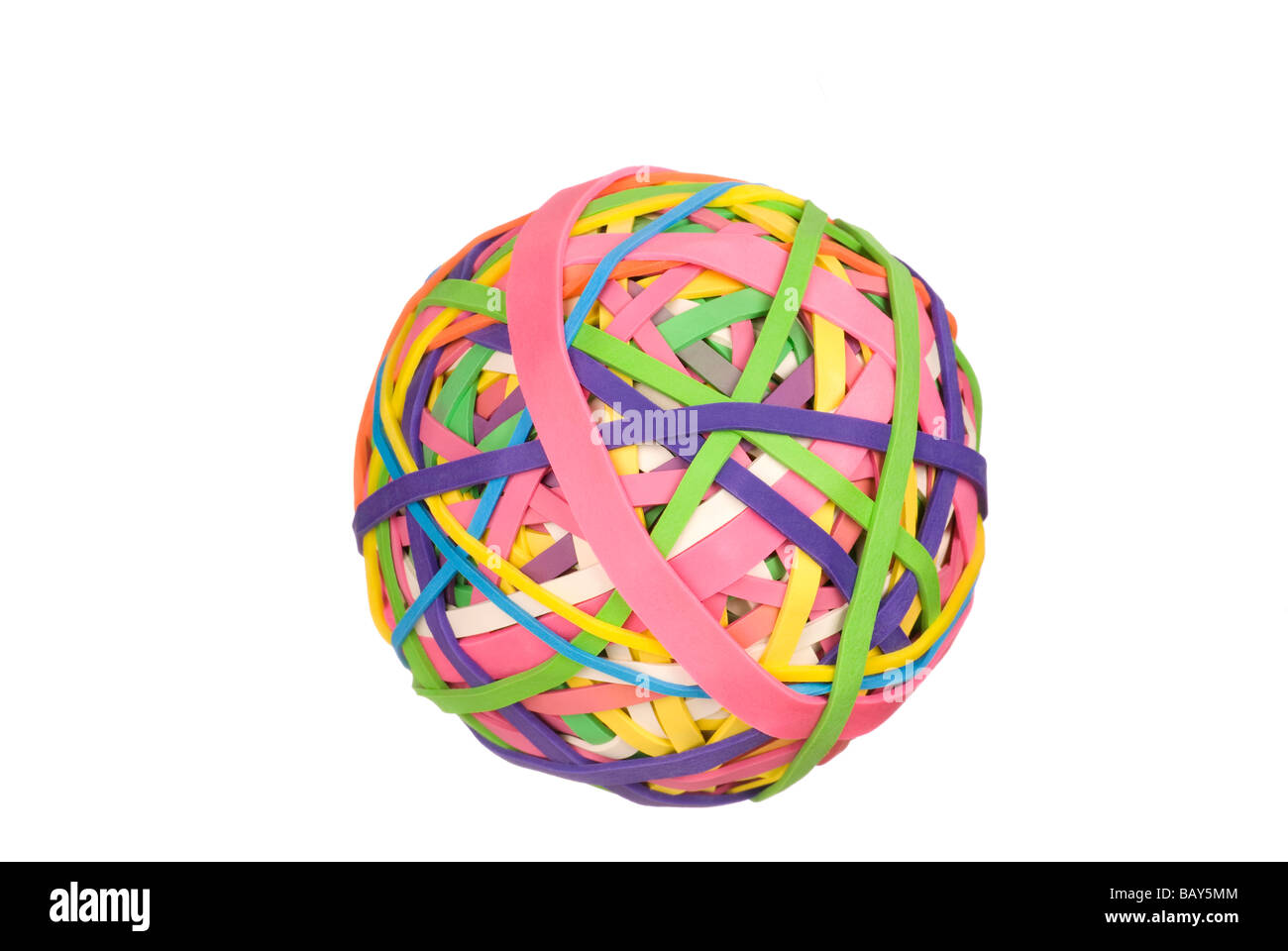 A ball of multi colored rubber bands isolated on a white background ...